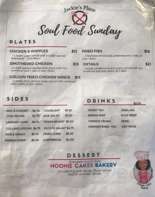 Menu for Jackie's Place in San Jose, CA | Sirved