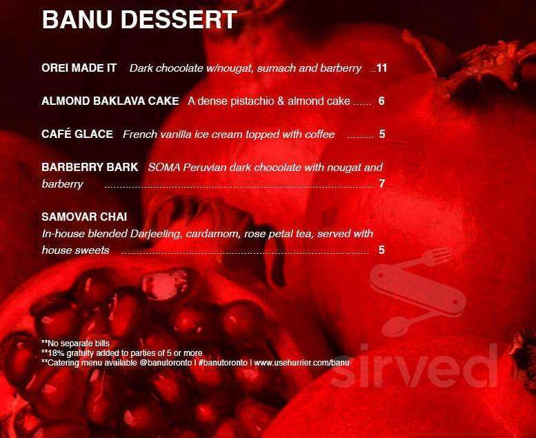 Banu menus in Toronto, Ontario, Canada