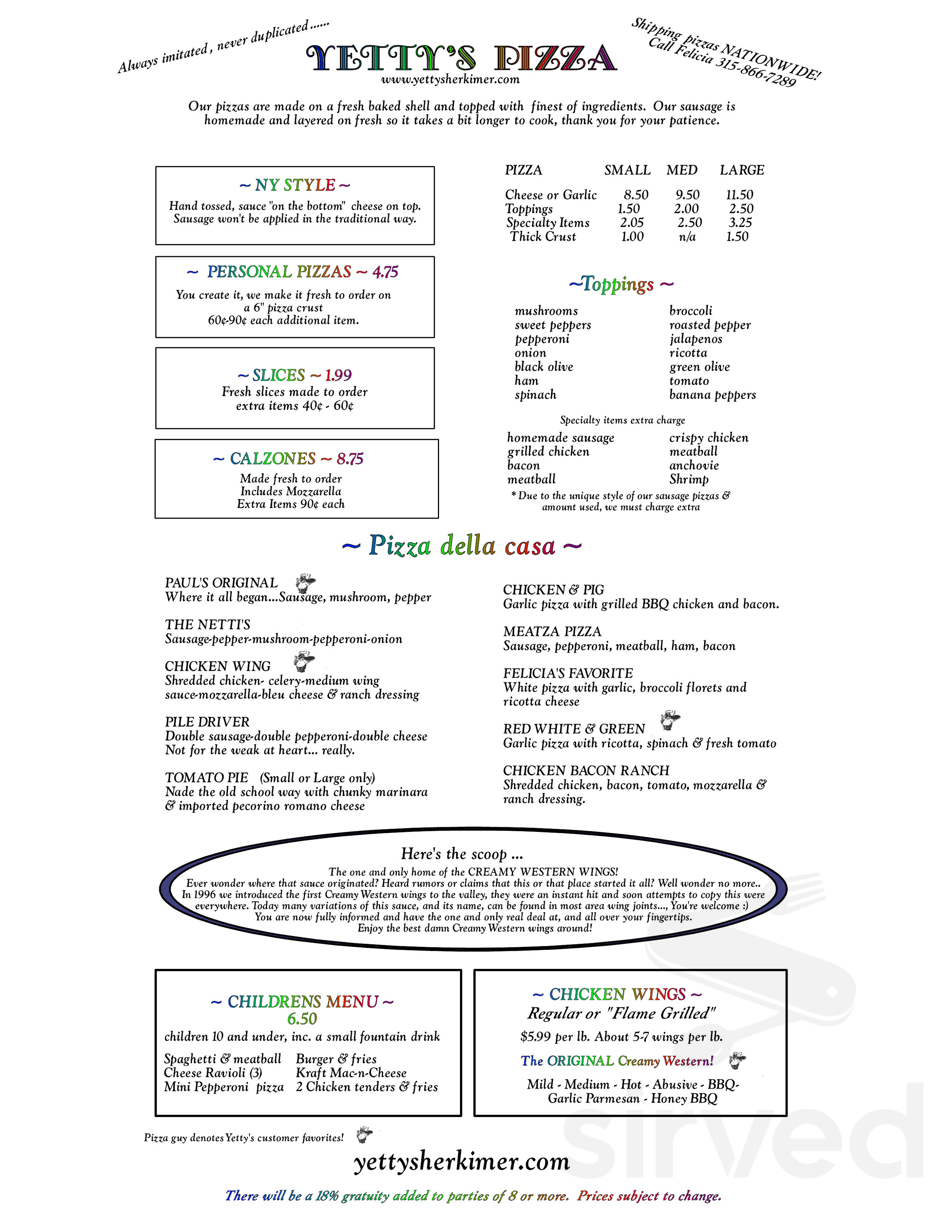 Yetty's Pizza menu in Herkimer, New York, USA