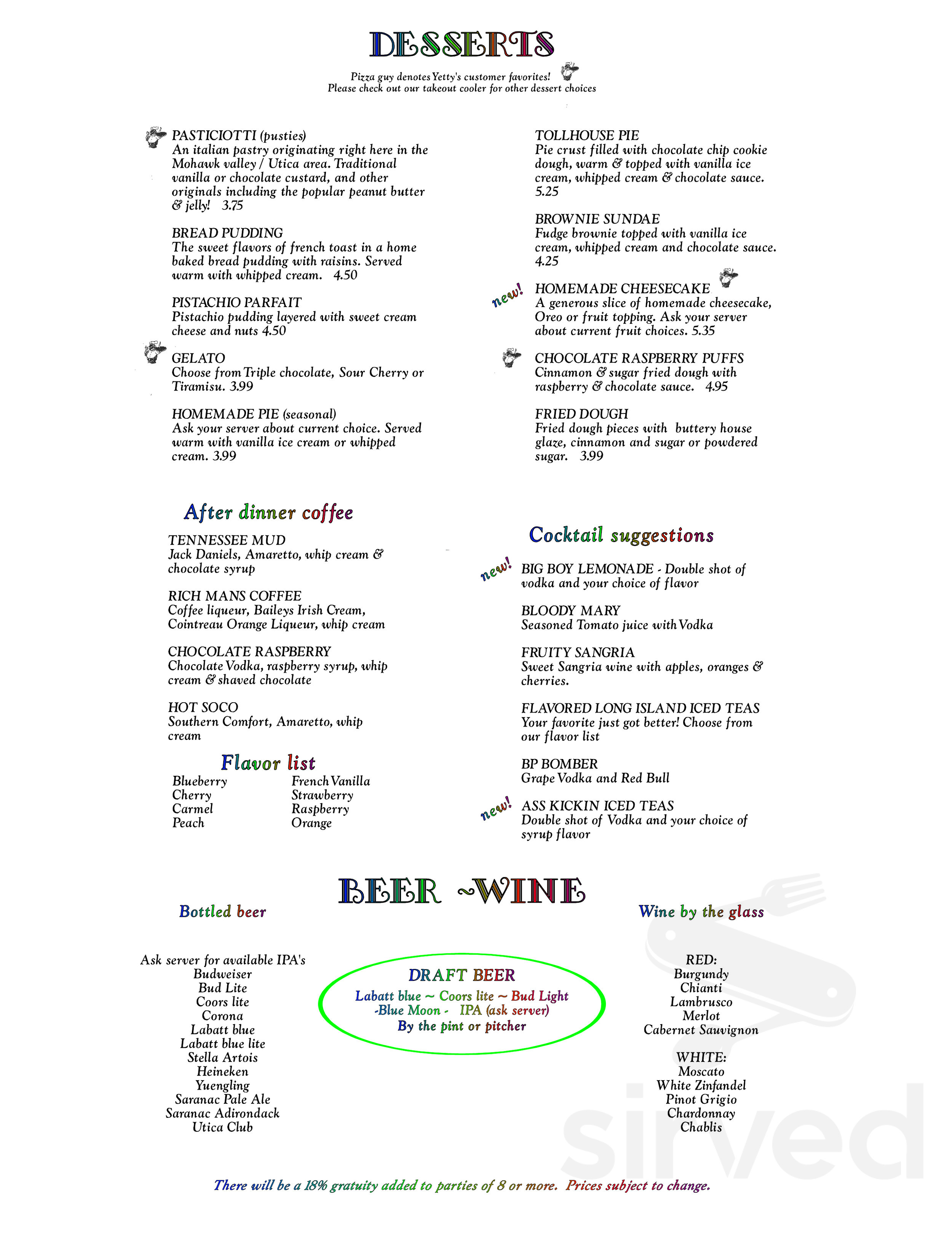 Yetty's Pizza menu in Herkimer, New York, USA