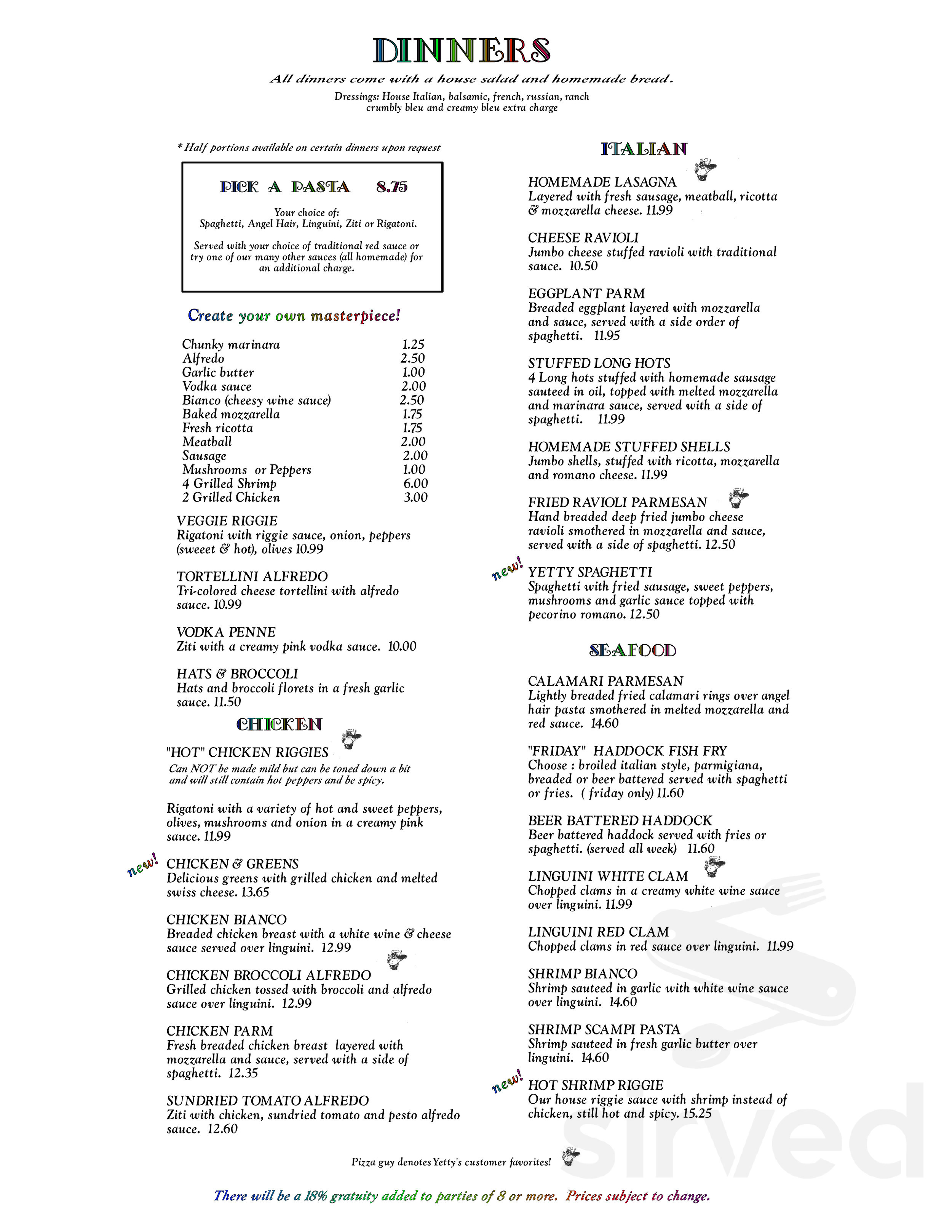 Yetty's Pizza menu in Herkimer, New York, USA