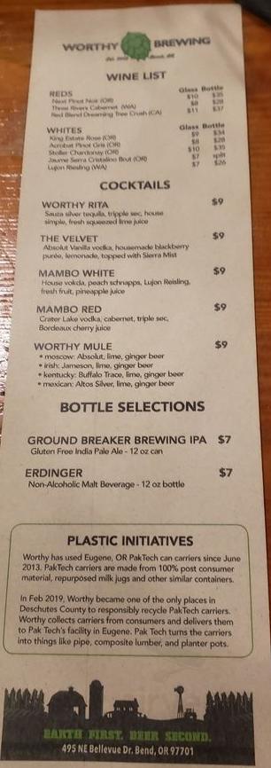 Worthy Brewing Company menu in Bend, Oregon, USA