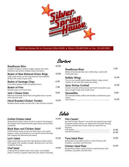 Silver Spring House Restaurant menu in Cincinnati, Ohio, USA