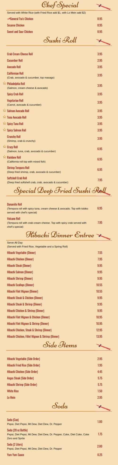 Hibachi Express menu in Morehead, Kentucky, USA