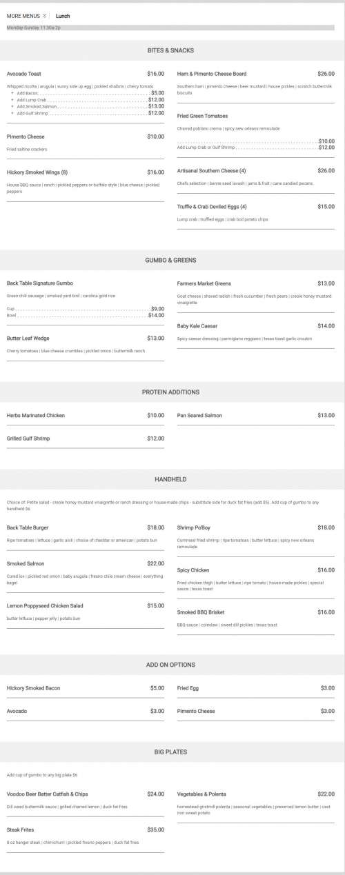 Back Table menu in The Woodlands, Texas, USA