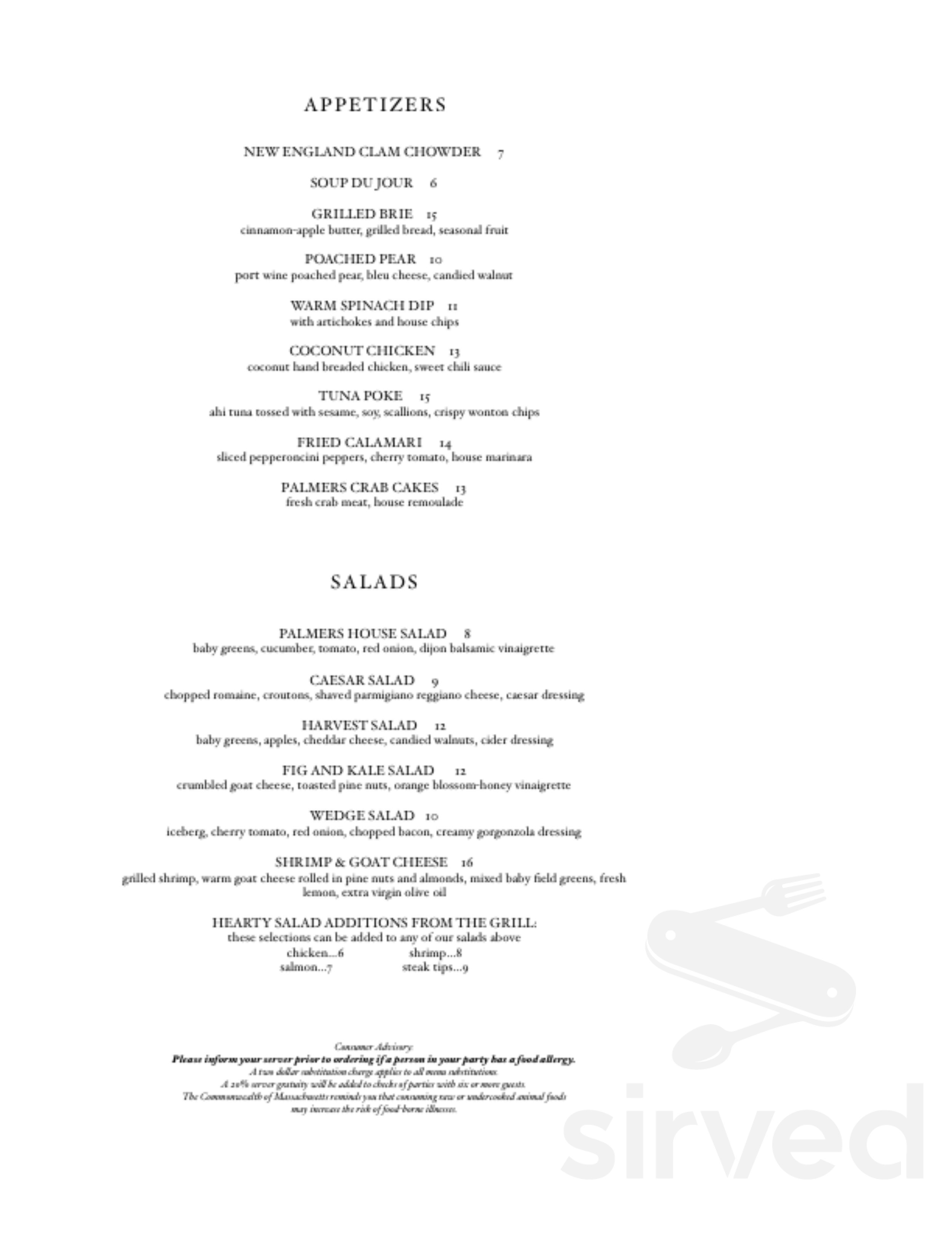Palmers Restaurant & Tavern menu in Andover, Massachusetts, USA