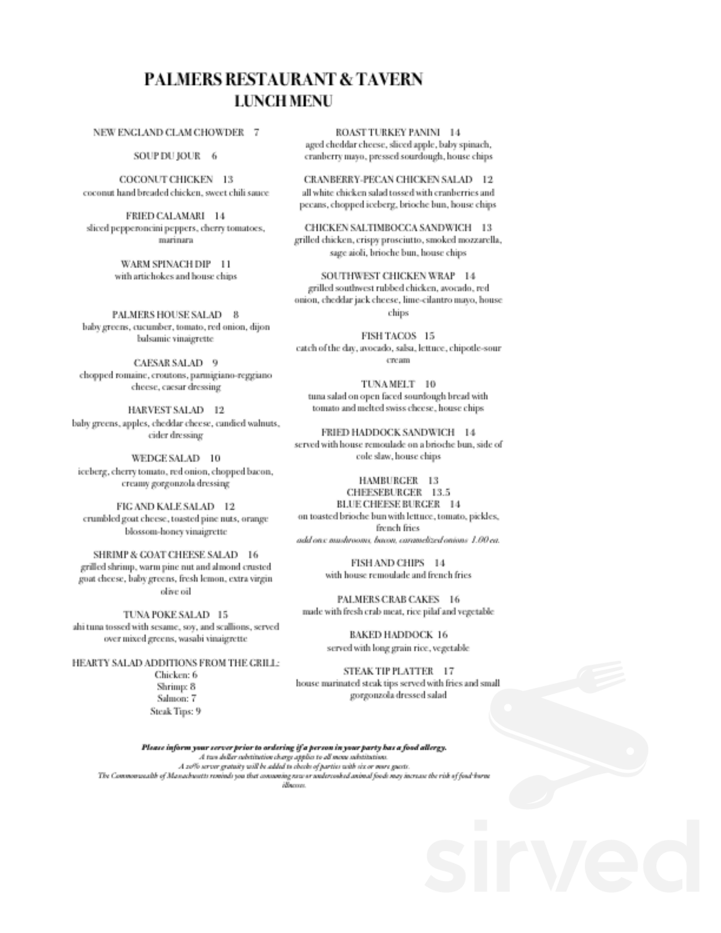 Palmers Restaurant & Tavern menu in Andover, Massachusetts, USA
