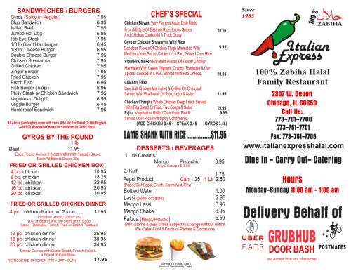 Italian Express menu in Glendale Heights, Illinois, USA