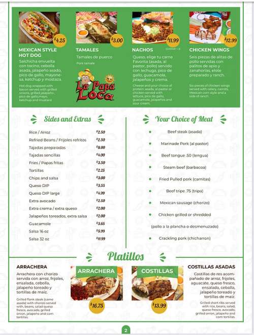 La Papa Loca 2 menu in Lafayette, Louisiana, USA
