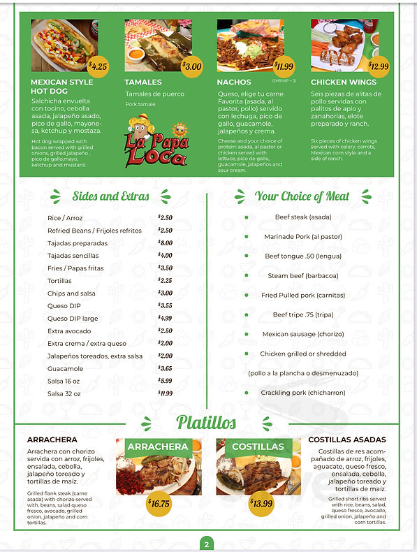 La Papa Loca 2 menu in Lafayette, Louisiana, USA