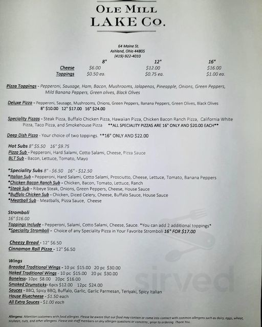 Menu for Ole Mill Lake Co in Ashland, OH | Sirved