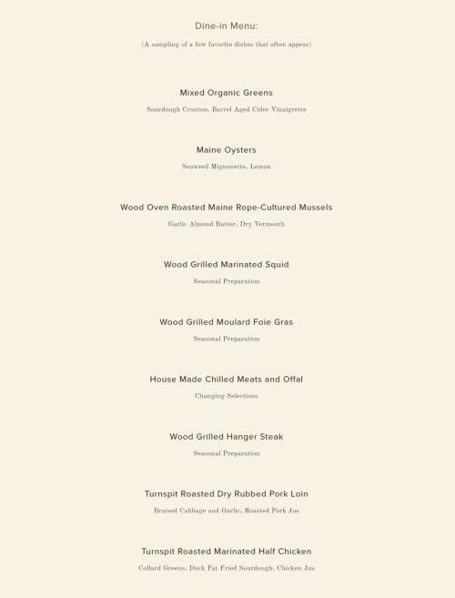 Fore Street Restaurant menu in Portland, Maine, USA