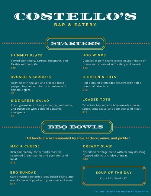 Costello's Bar & Eatery menu in Shoreline, Washington, USA