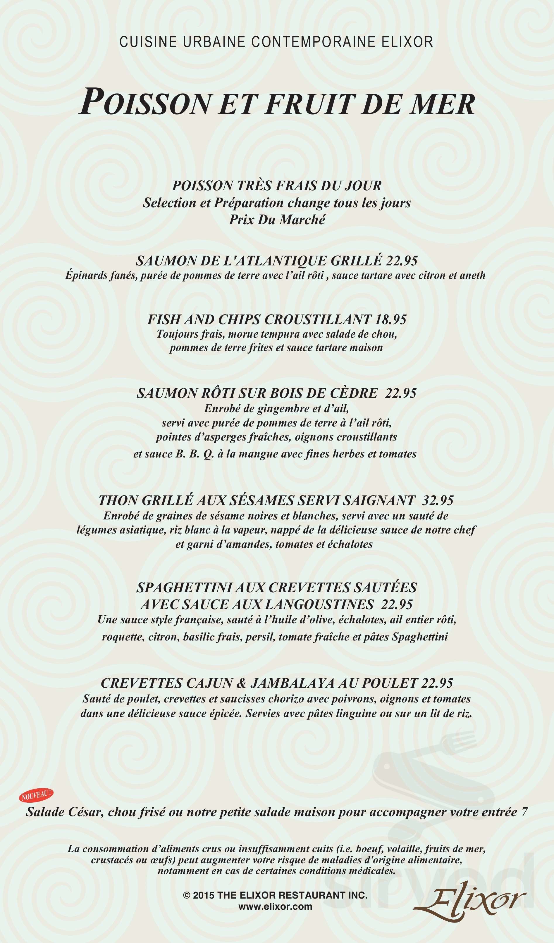 Elixor menu in Laval, Quebec, Canada