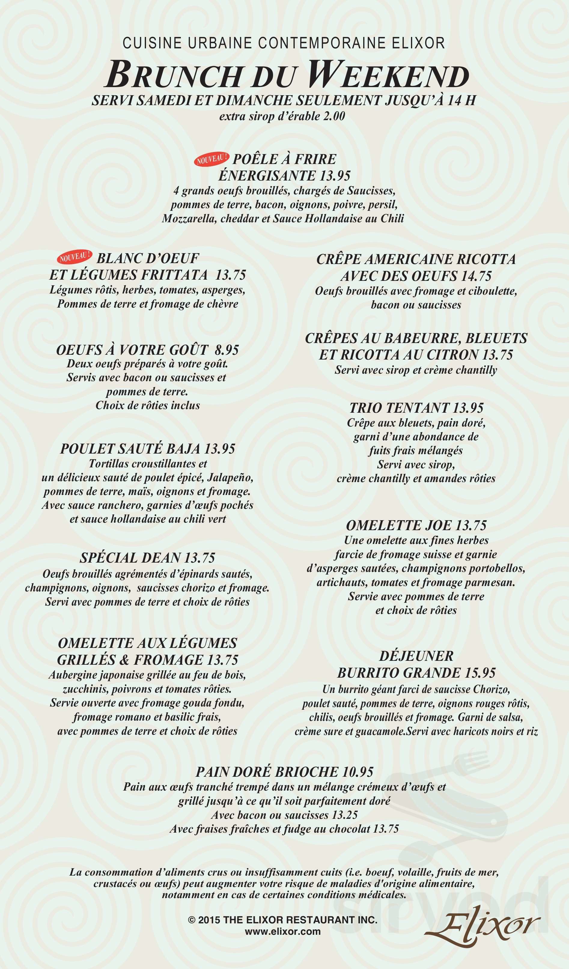 Elixor menu in Laval, Quebec, Canada