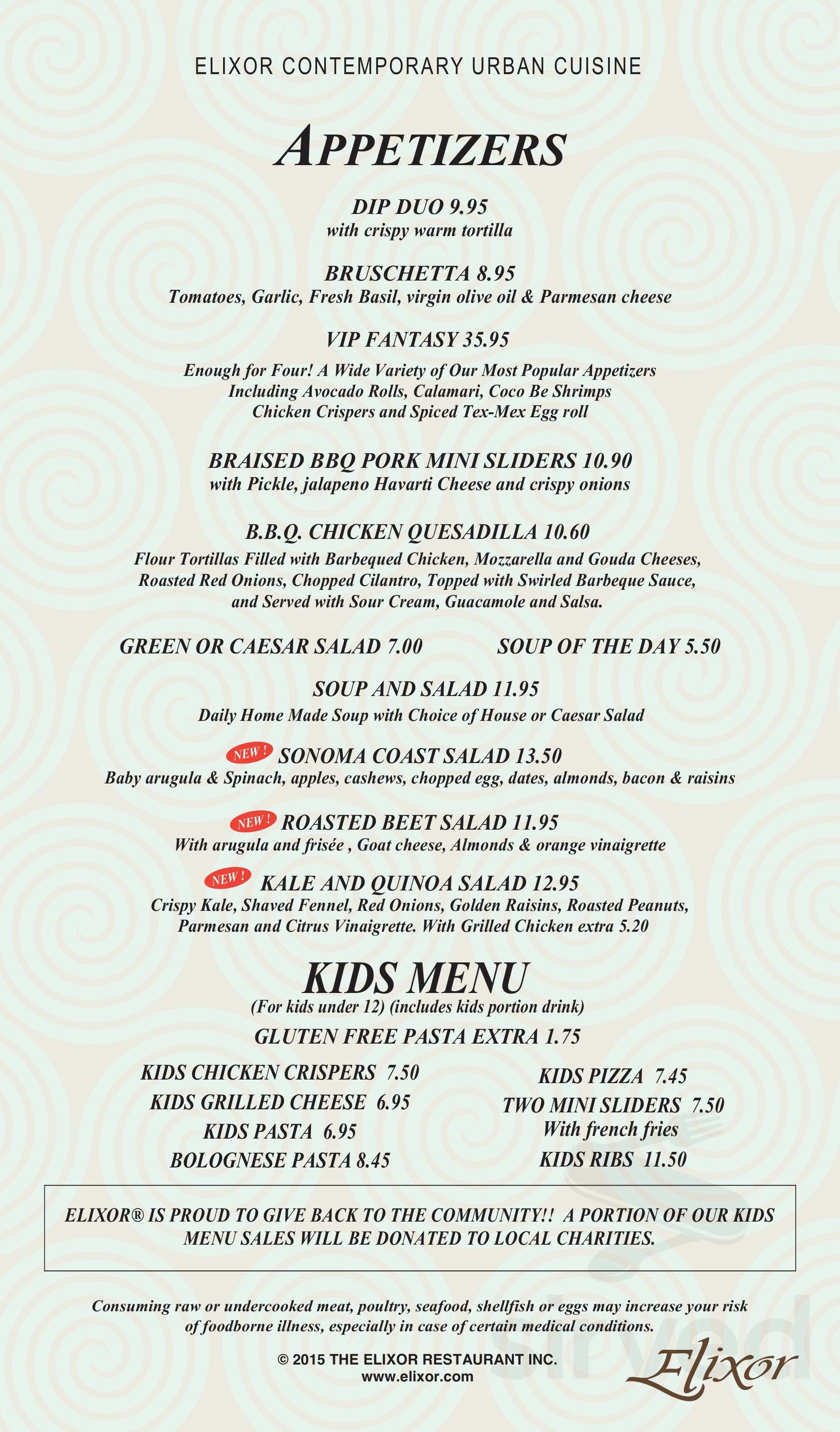 Elixor menu in Laval, Quebec, Canada