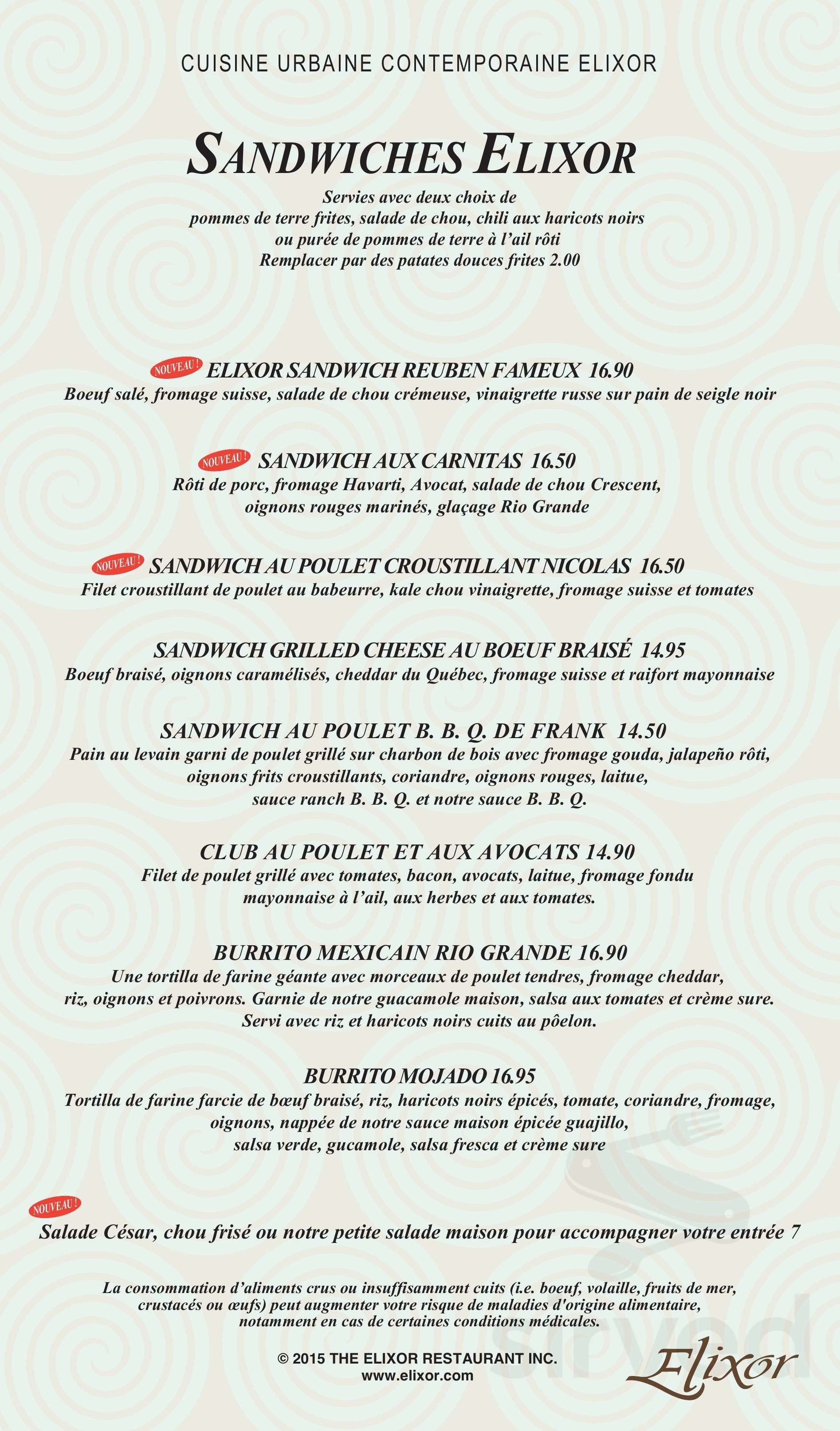 Elixor menu in Laval, Quebec, Canada