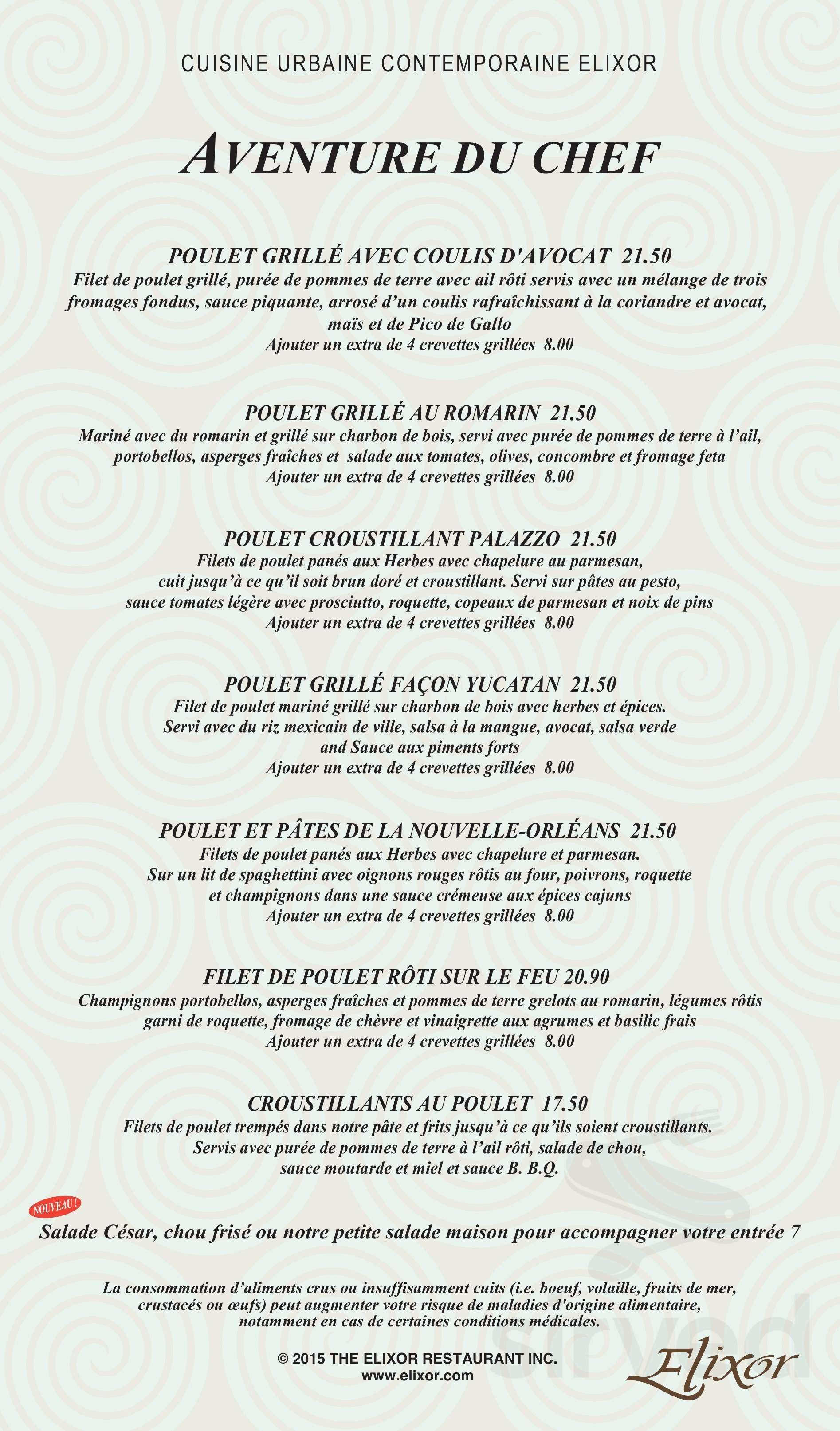 Elixor menu in Laval, Quebec, Canada