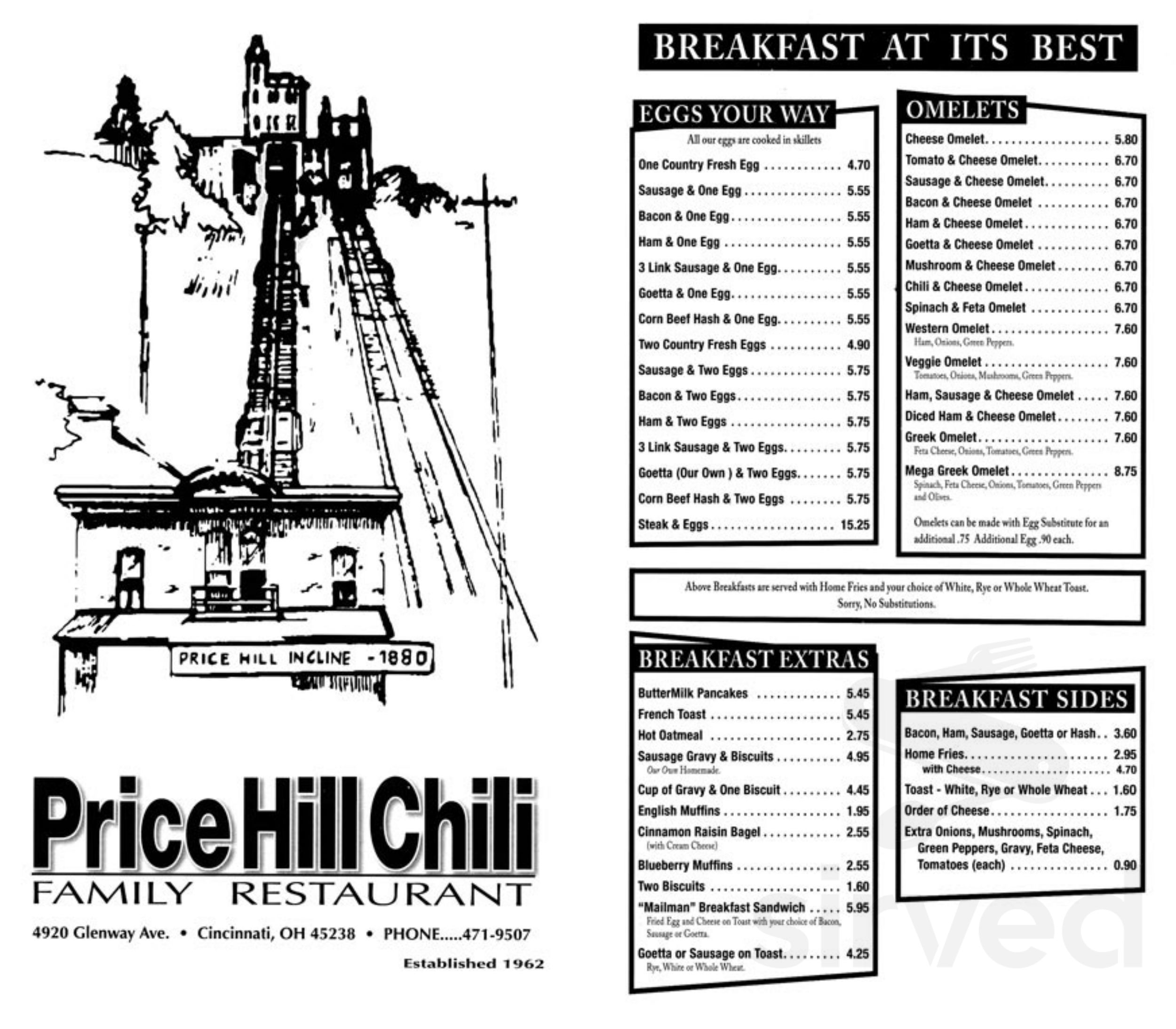 Menu for Price Hill Chili Family Restaurant in Cincinnati, OH | Sirved