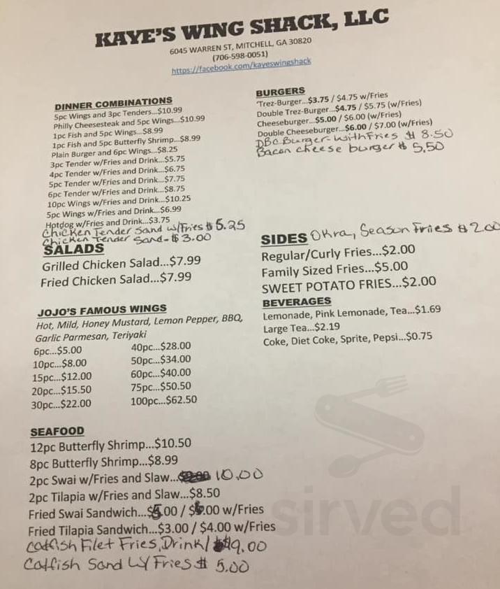 Kaye's Wing Shack menu in Mitchell, Georgia, USA