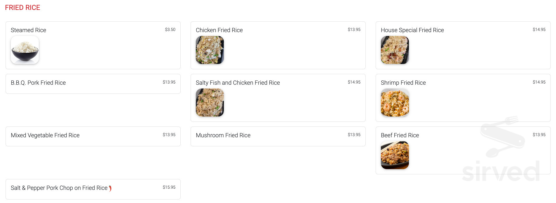 Rice To Go Chinese Restaurant menu in Edmonton, Alberta, Canada