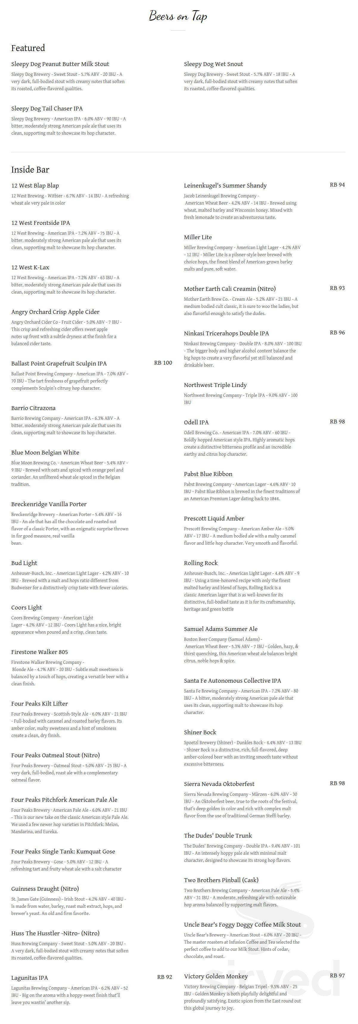 The Monastery menu in Mesa, Arizona, USA