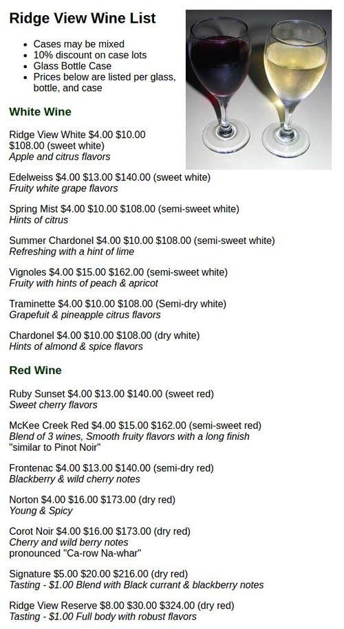 Ridge View Winery menu in Mt Sterling, Illinois, USA