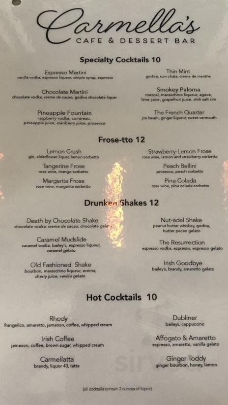 Carmella's Cafe and Dessert Bar menu in Charleston, South Carolina, USA