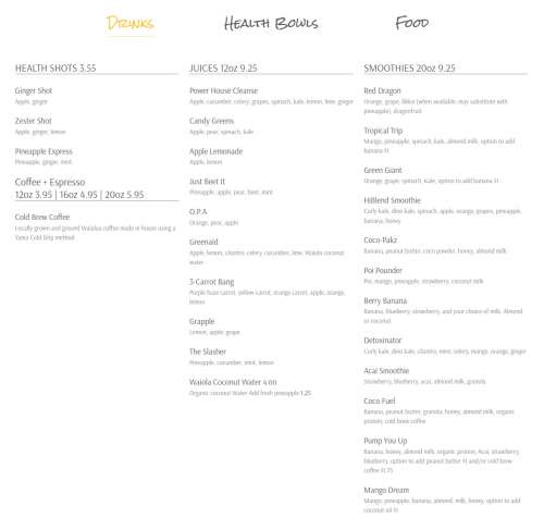HiBlend Health Bar & Cafe menu in Honolulu, Hawaii, USA