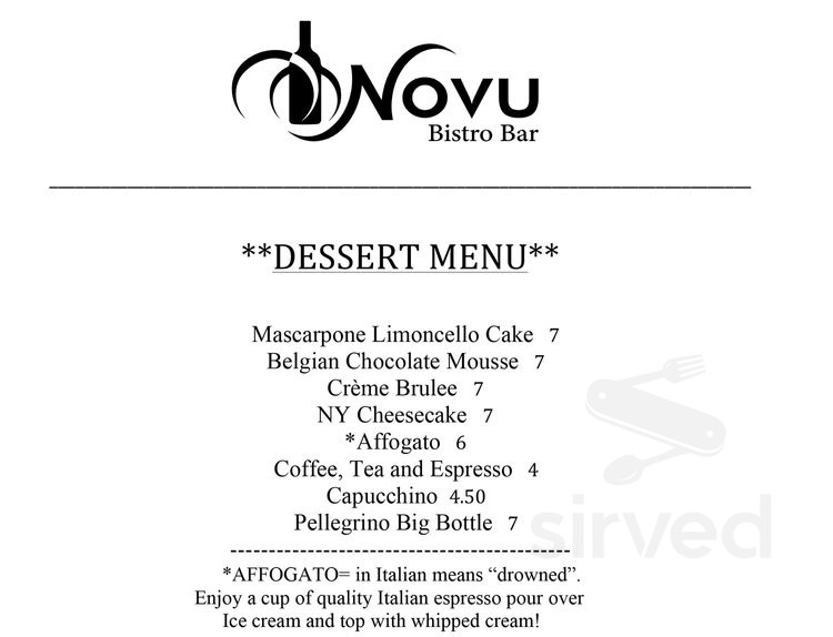 Novu Bistro menu in St. Petersburg, Florida, USA