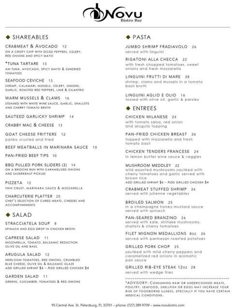Novu Bistro menu in St. Petersburg, Florida, USA
