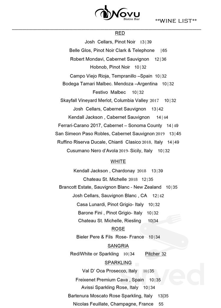 Novu Bistro menu in St. Petersburg, Florida, USA