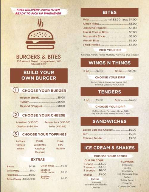 Burgers & Bites (Downtown) WALNUT ST menu in Morgantown, West Virginia, USA