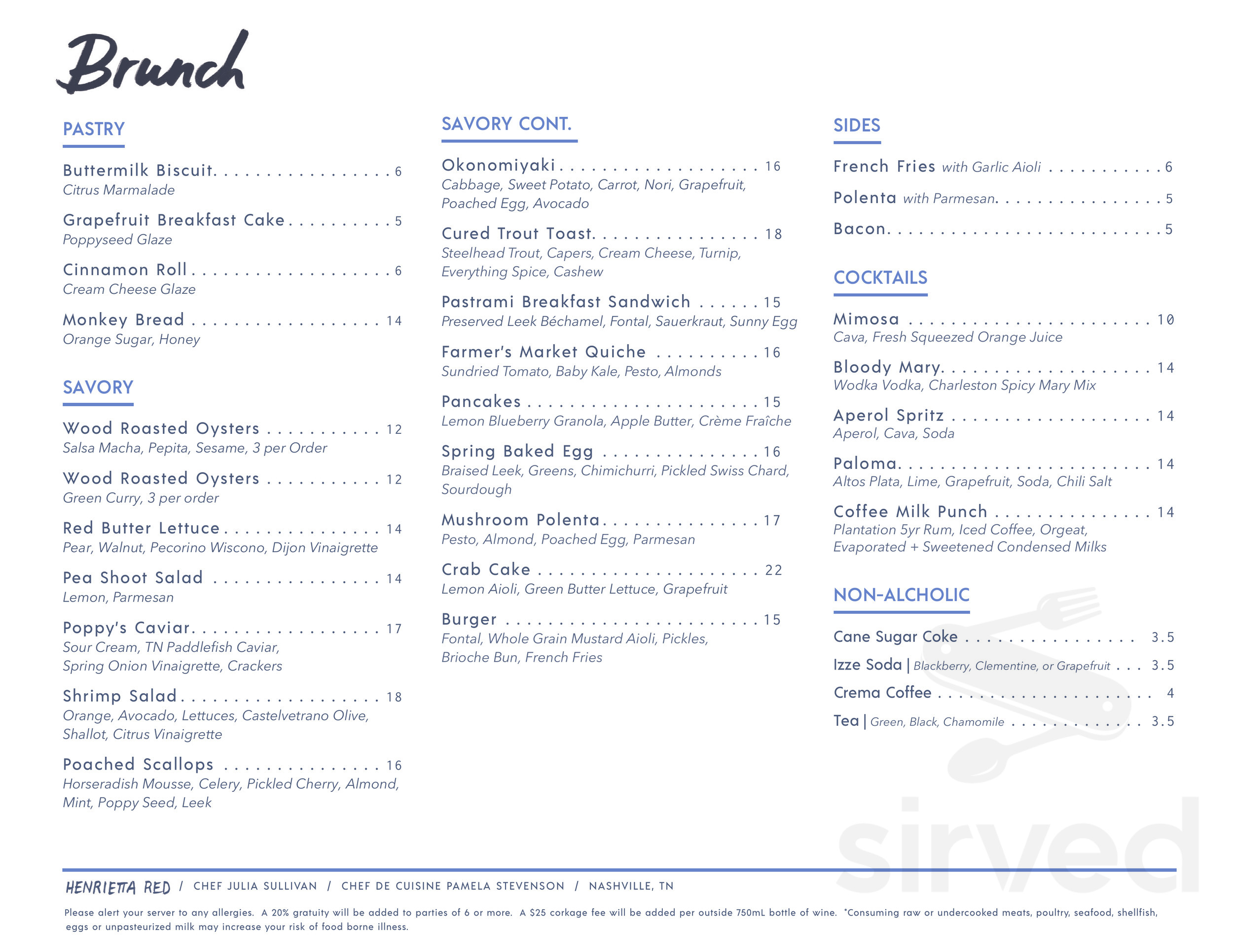 Menu - Nashville TN's Henrietta Red | Sirved
