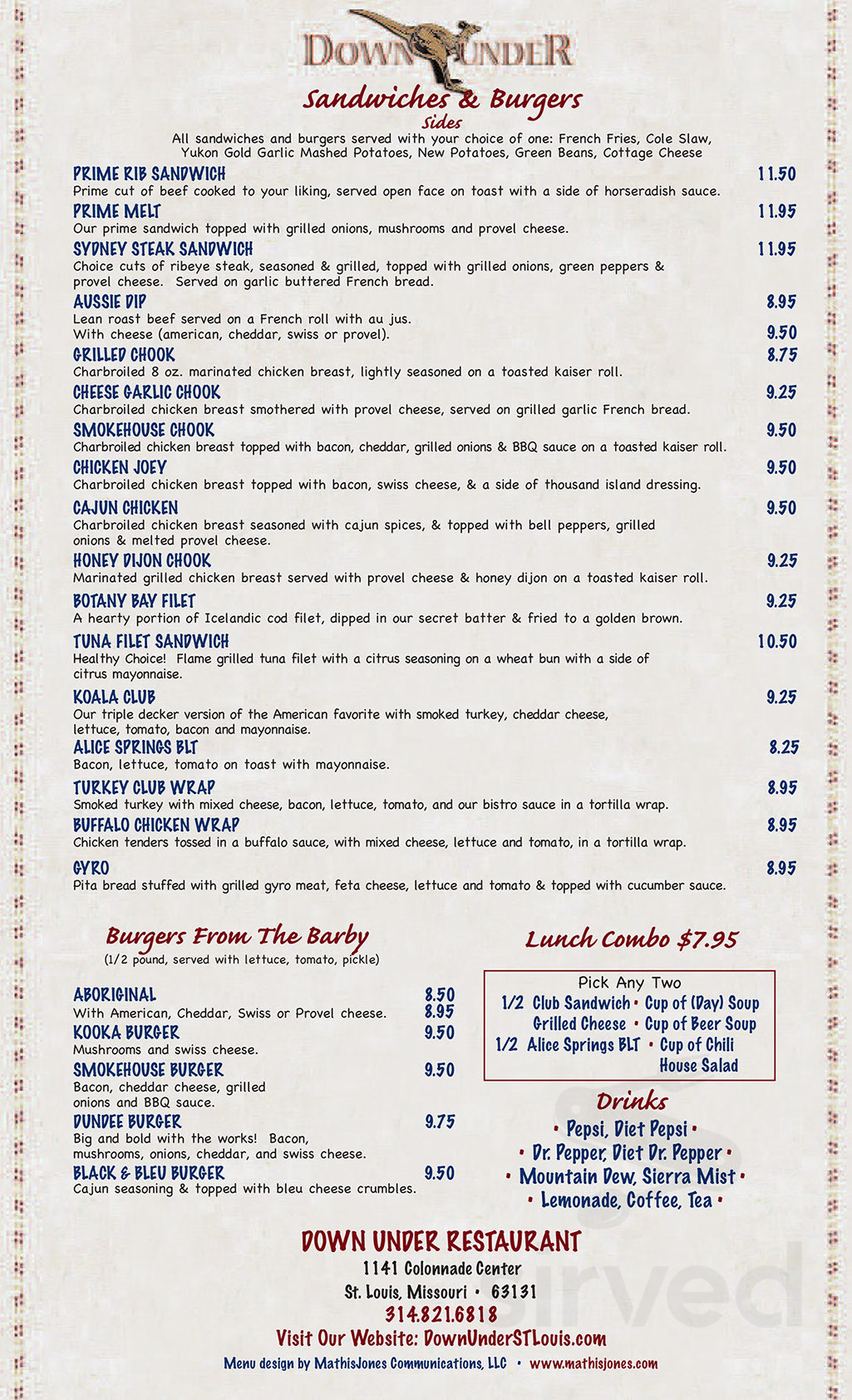 Down Under Restaurant & Pub menu in St. Louis, Missouri, USA