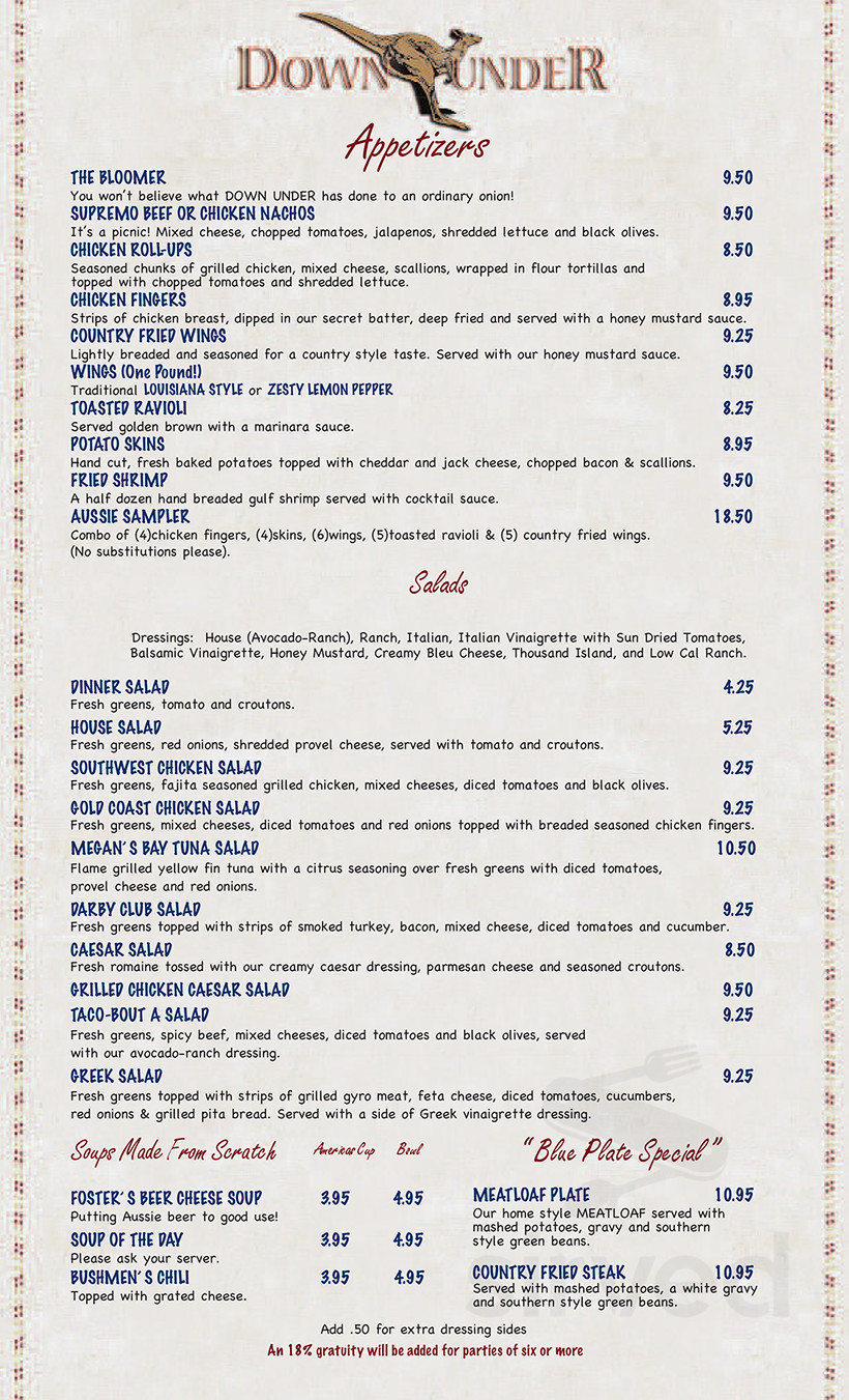 Menu - St. Louis MO's Down Under Restaurant & Pub | Sirved