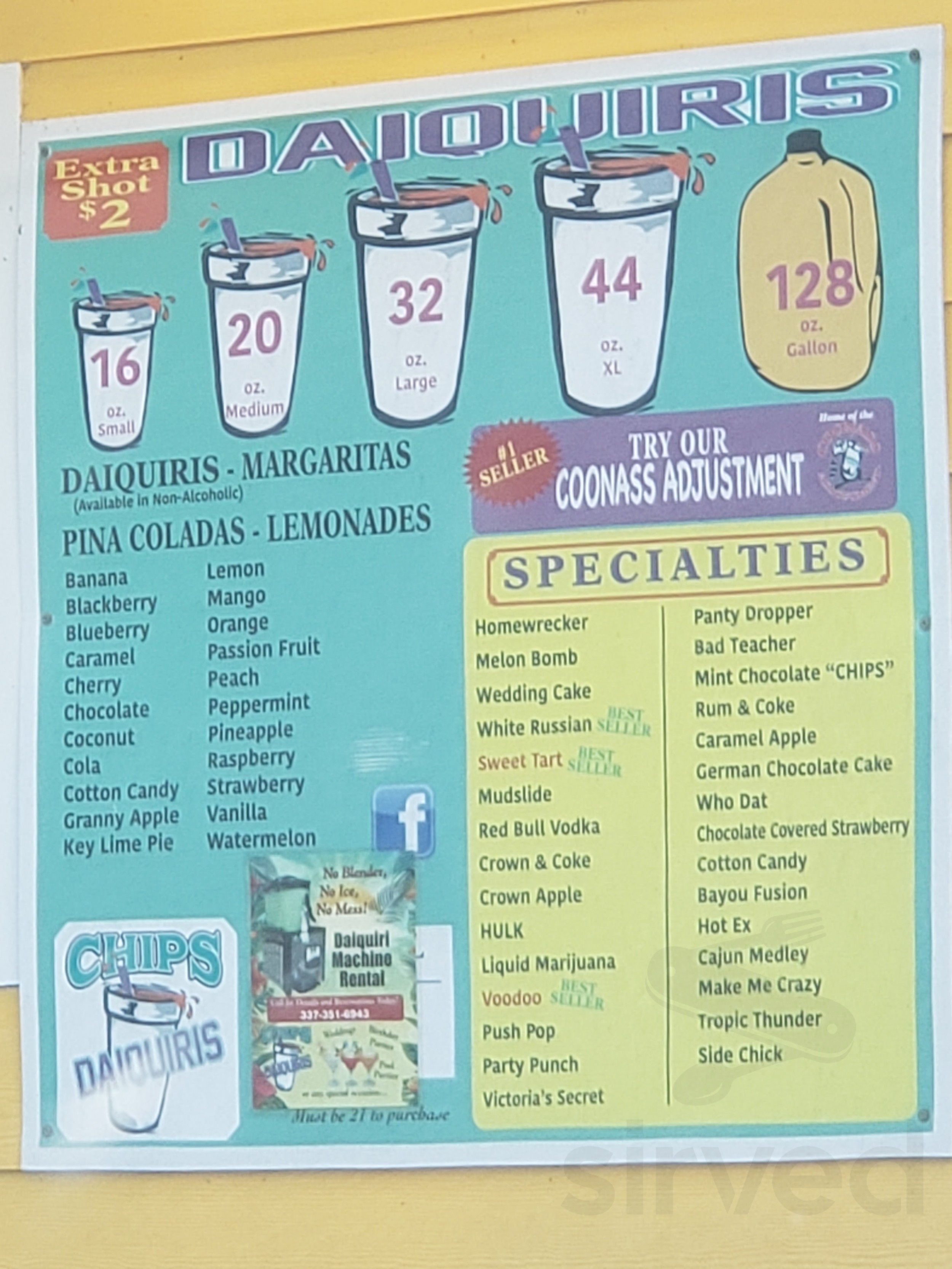 Chips Daiquiris menu in Carencro, Louisiana, USA