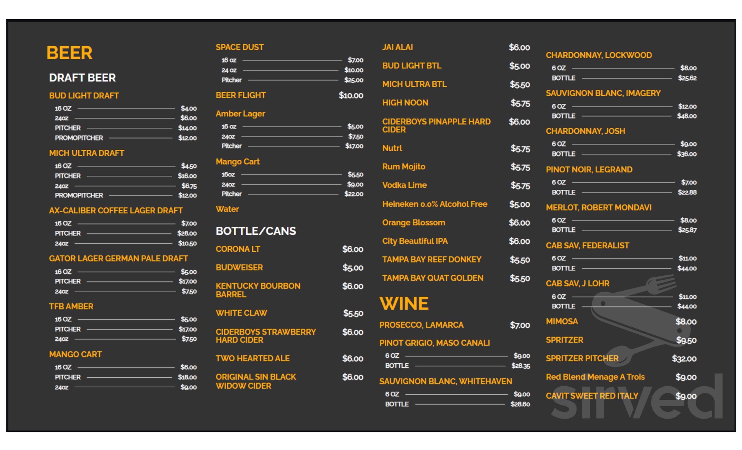 Ax-Caliber Axe Venue and Coffee House menu in Lakeland, Florida, USA