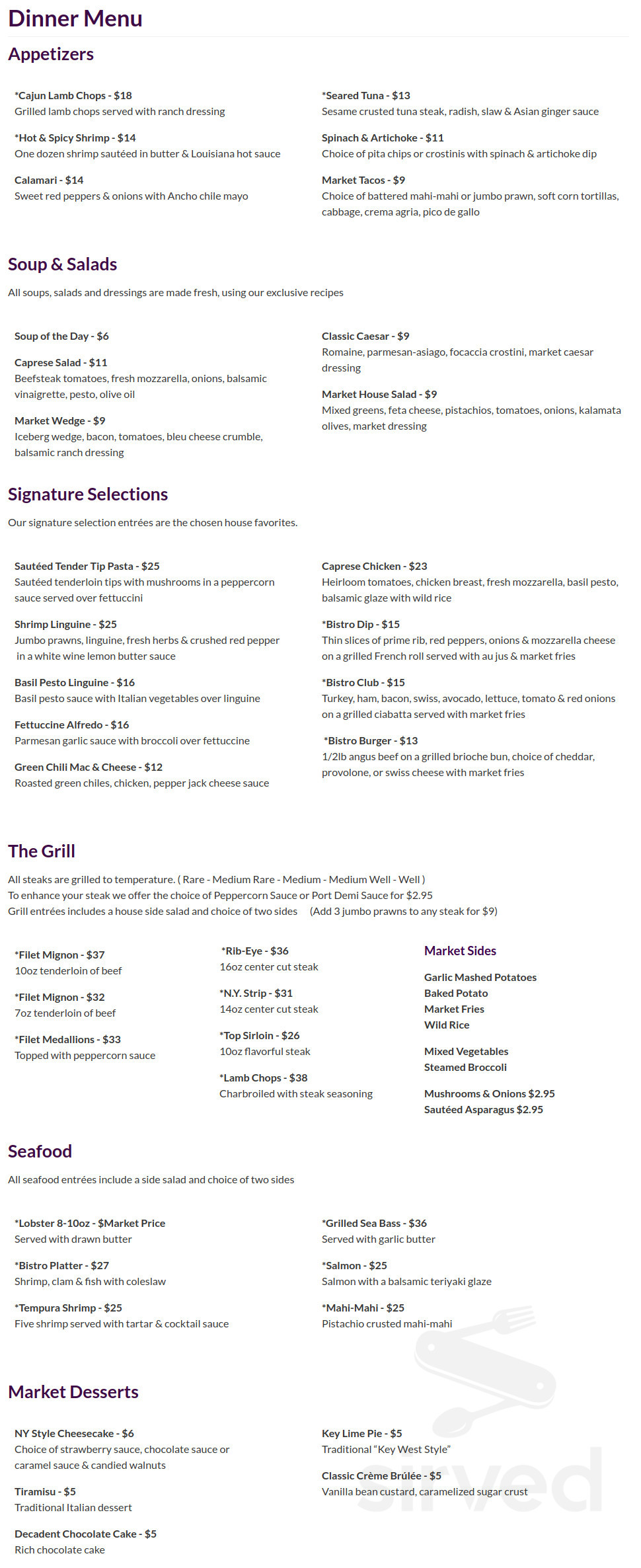 Market Grill Steak & Seafood menu in Yuma, Arizona, USA