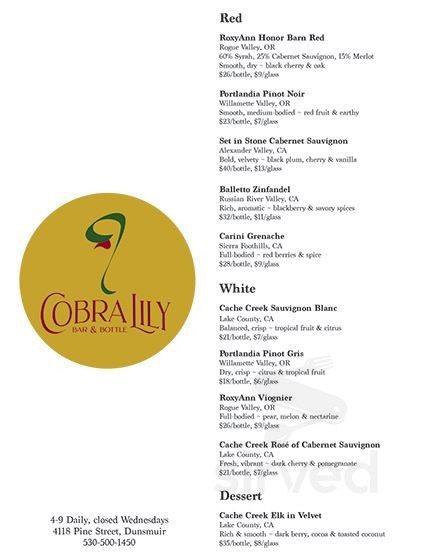 Cobra Lily Bar & Bottle menus in Dunsmuir, California, United States