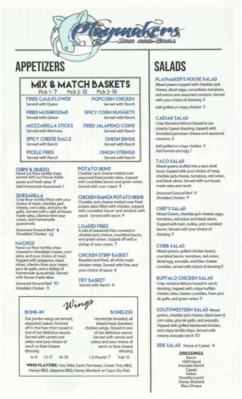 Playmakers Bar & Grill menu in Lincoln, Nebraska, USA