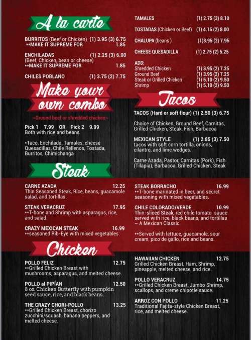 Crazy Mexican Restaurant & Grill menu in Weirton, West Virginia, USA