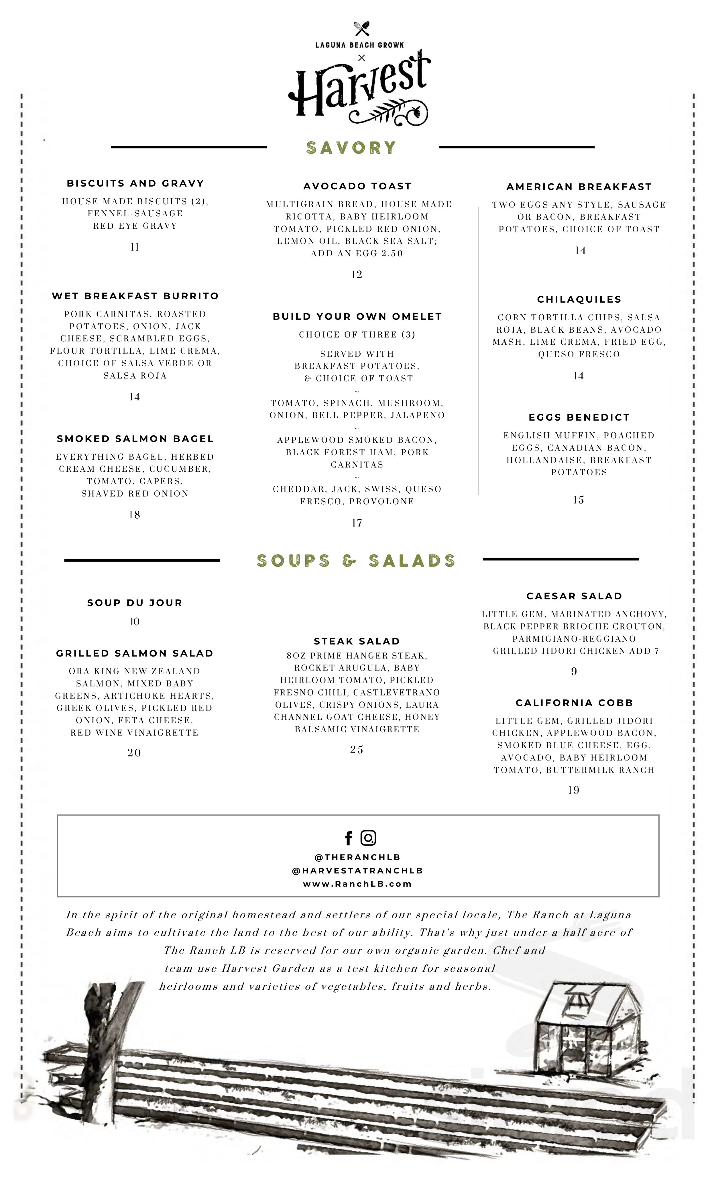 Harvest menu in Laguna Beach, California, USA