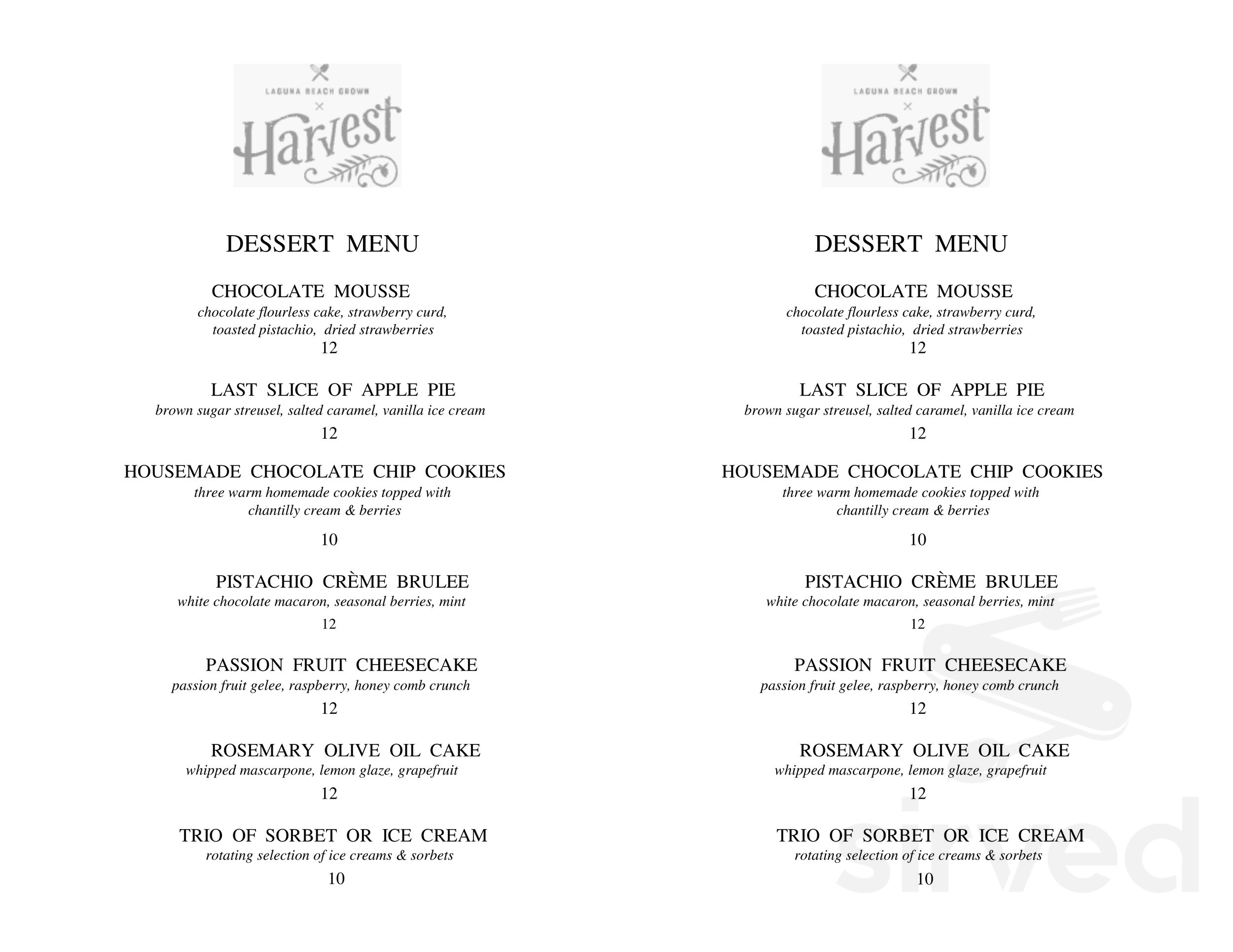 Harvest menu in Laguna Beach, California, USA