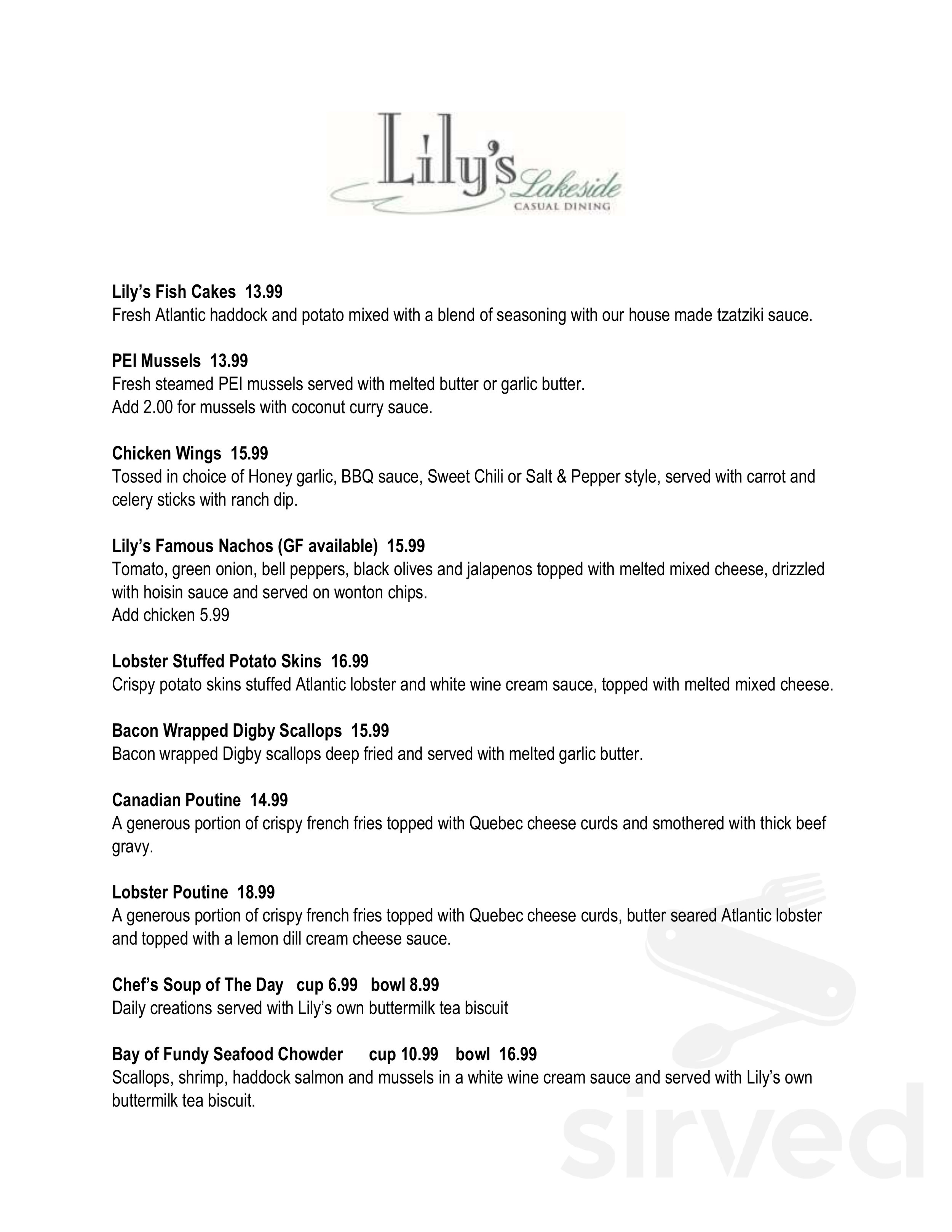 Lily's menu in Saint John, New Brunswick, Canada
