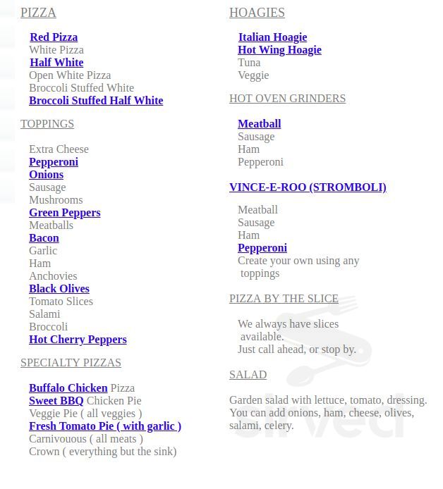 Menu - Scranton PA's Vince the Pizza Prince | Sirved