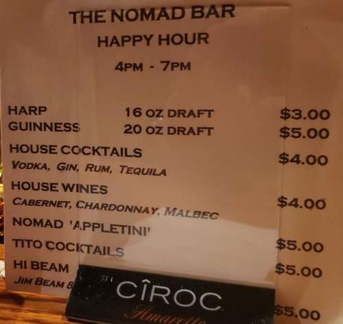The Nomad Bar menu in Wilmington, Delaware, USA