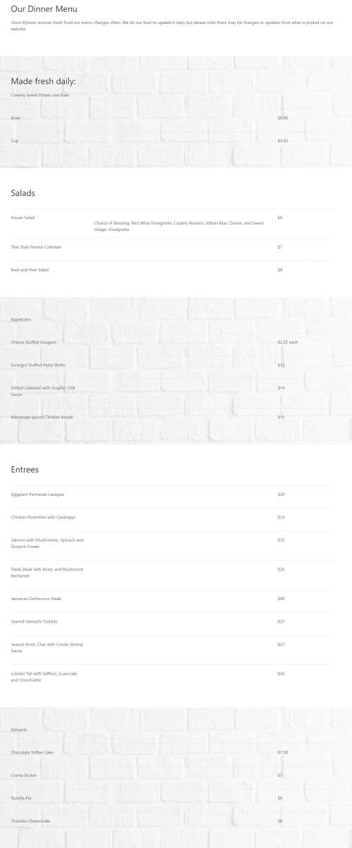 Elysium menu in Kalamazoo, Michigan, USA