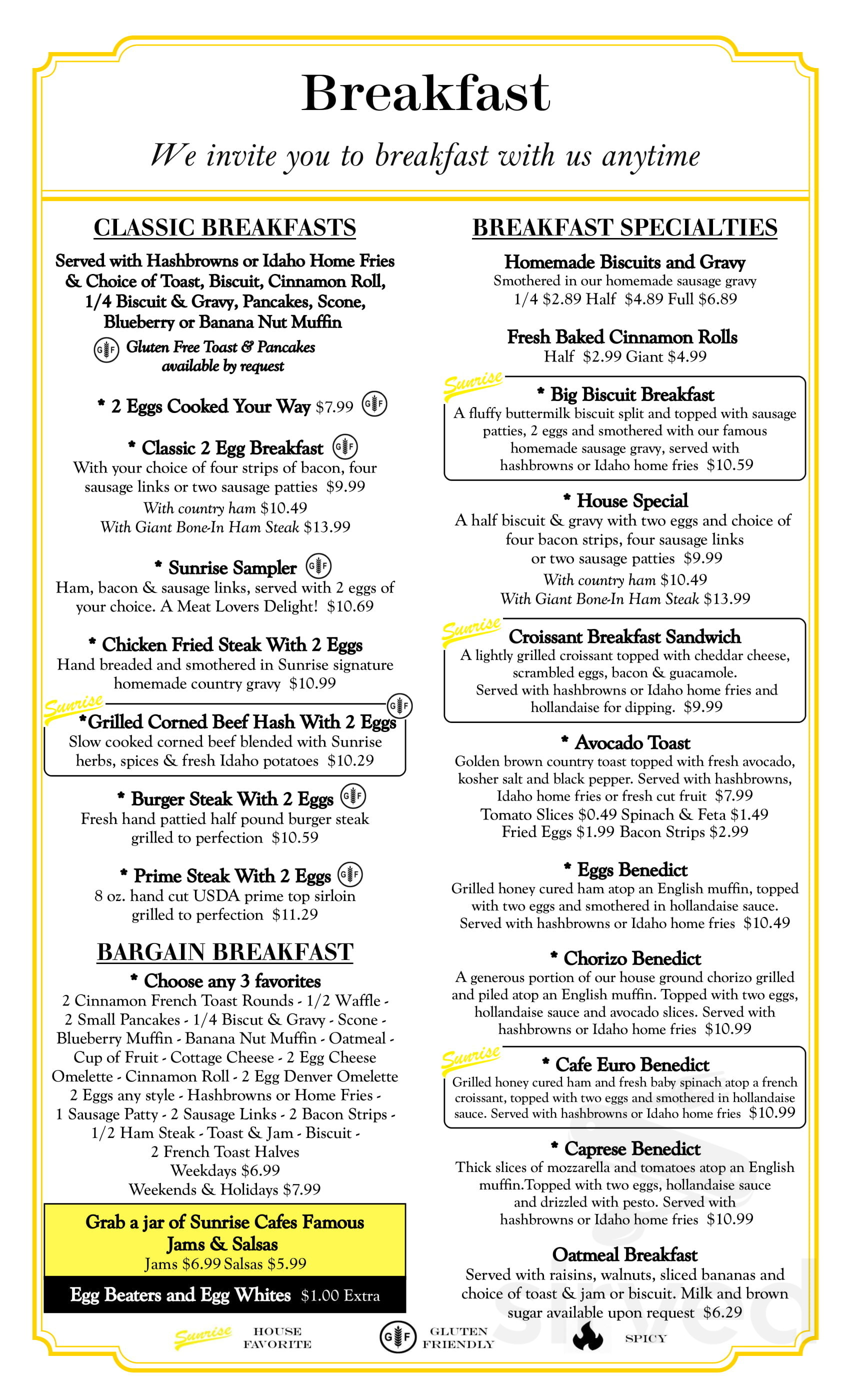 The Original Sunrise Cafe menu in Meridian, Idaho, USA