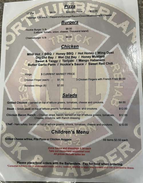 Norry Hookies menu in Northumberland, Pennsylvania, USA